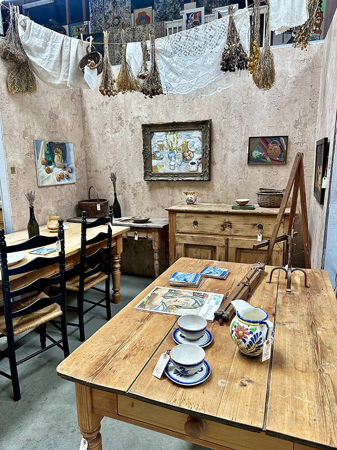 This rustic dining setup isn't just furniture—it's a stage set for your next gathering, complete with character-filled tables that have hosted countless meals.