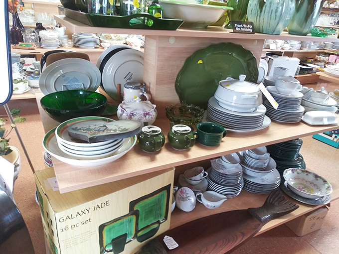Dinnerware that could tell tales of family dinners past. That jade green set might have served everything from pot roast to Thanksgiving turkey.