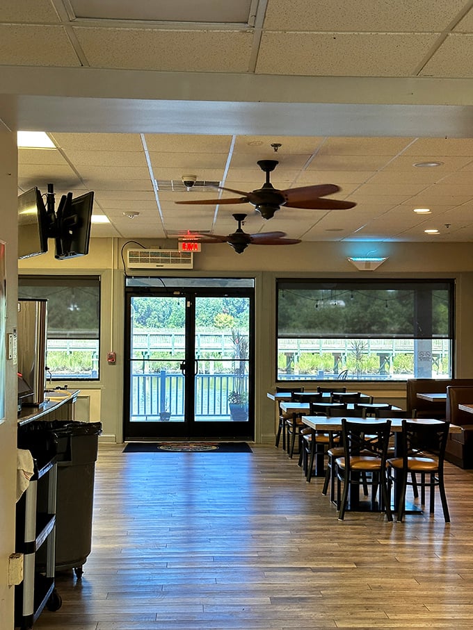 These doors frame a view worth pausing for—nature's perfect backdrop to a meal that celebrates what those waters provide.