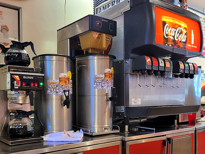 The drink station—where sweet tea flows like liquid sunshine and soda fountains promise the perfect accompaniment to your meal.