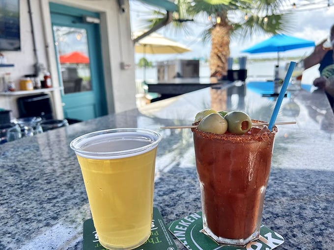 Florida in two glasses – a cold beer for immediate refreshment and a Bloody Mary that's practically a meal unto itself.