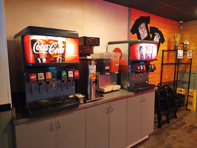 Self-serve soda station: the unsung hero of BBQ joints, offering sweet relief from all that glorious pepper and smoke.