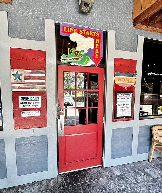 The red door with the alligator greeter says it all: line up here for seafood happiness. Florida charm doesn't get more authentic than this.