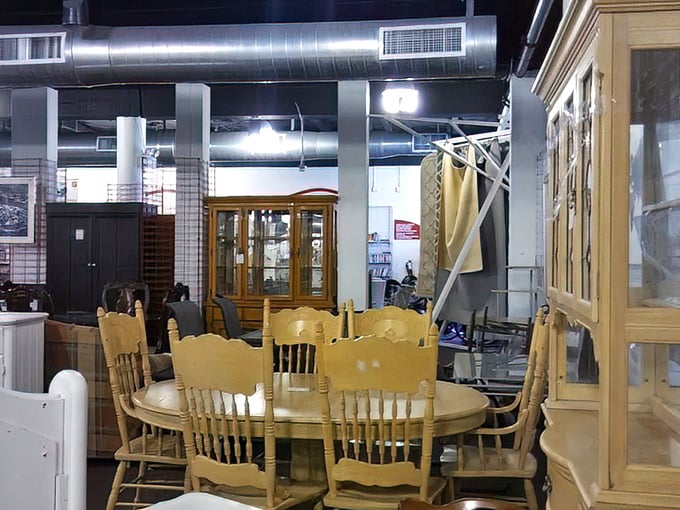 Mid-century dining sets and solid wood cabinets share space with wicker and oak – furniture with stories waiting for new chapters in fresh homes.