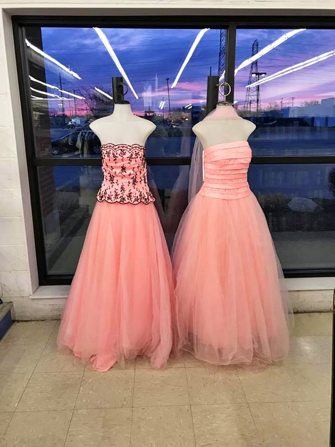 Formal gowns await their next big night out. Someone's prom memory becomes another's perfect wedding guest attire – the circle of formal wear life.