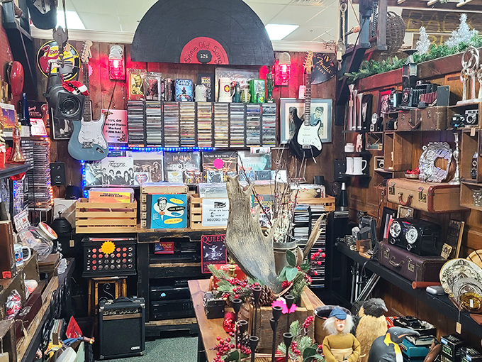 This music corner hits all the right notes—vinyl records, guitars, and memorabilia from when rock stars were genuine cultural revolutionaries.