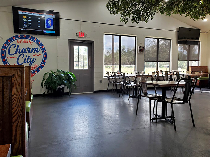 Clean lines, ample space, and that signature logo—Charm City's dining room feels both modern and timeless, like a great seafood tradition being born.