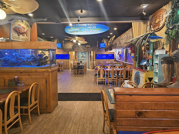 Aquariums lining the walls remind you exactly where your dinner was swimming earlier—the ultimate farm-to-table experience with a splash of guilt.