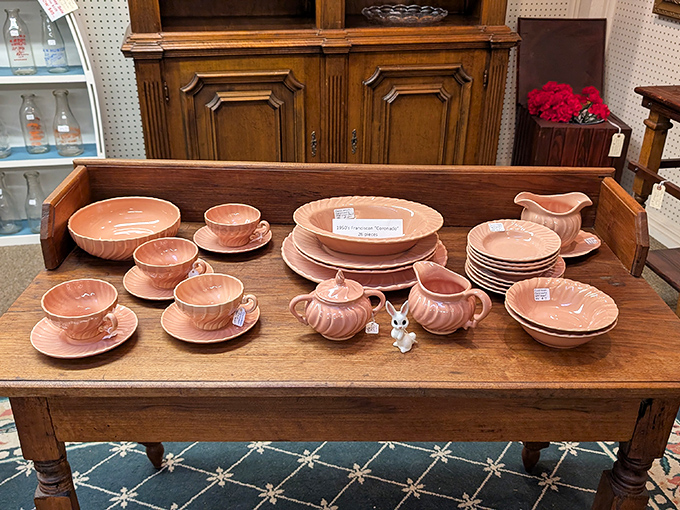 That pink dinnerware set isn't just dishes—it's Sunday dinners from 1958, complete with pot roast and stories about "the war."