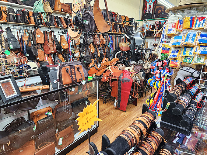 Leather goods heaven! Bags, wallets, and accessories hanging like ripened fruit, ready to be plucked by savvy shoppers with an eye for quality.