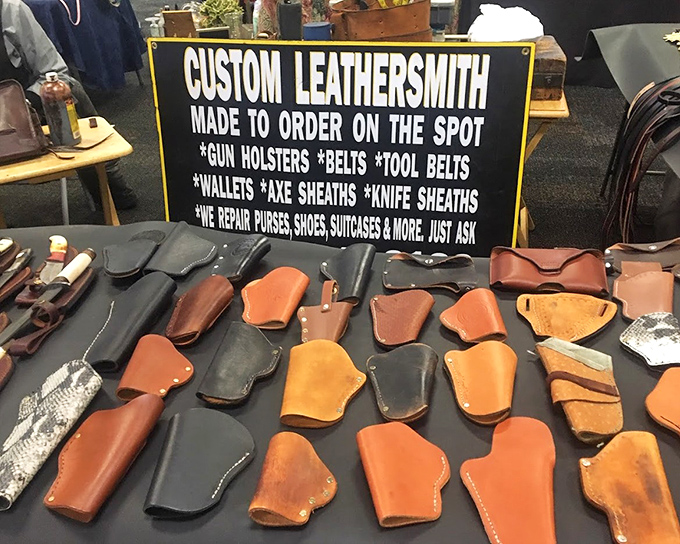 The leathersmith's booth—where craftsmanship isn't just preserved, it's practiced. Custom work done while you hunt for other treasures.
