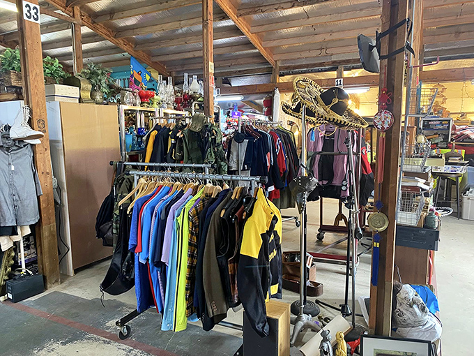 Men's clothing displayed with no-nonsense practicality. That sombrero hanging from the ceiling? That's the impulse purchase you didn't see coming.