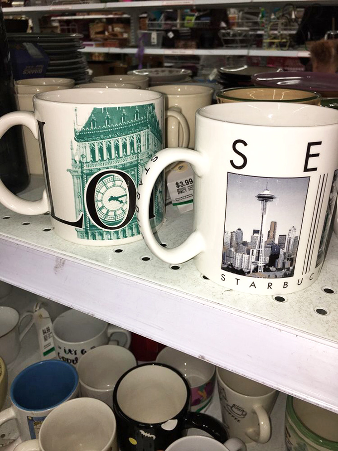 Travel the world through souvenir mugs. London's Big Ben and Seattle's Space Needle without leaving California!