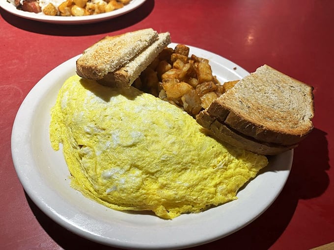 An omelet so perfectly executed it makes you wonder if the cook has an engineering degree in breakfast architecture.