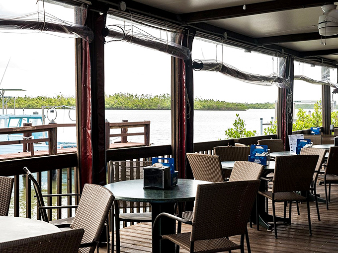 Tables with a view that no interior designer could improve upon. Nature provides the ambiance; Crabby Lady provides the seafood.