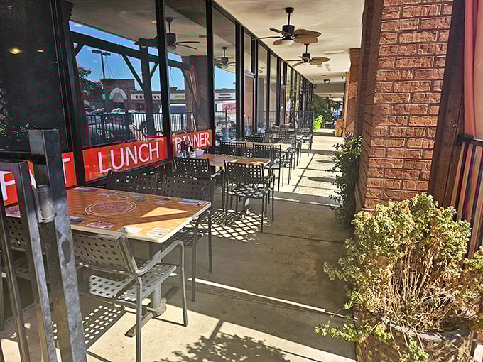Even the outdoor seating area says "Texas"—practical, no-nonsense, and ready to serve lunch when the morning rush subsides.