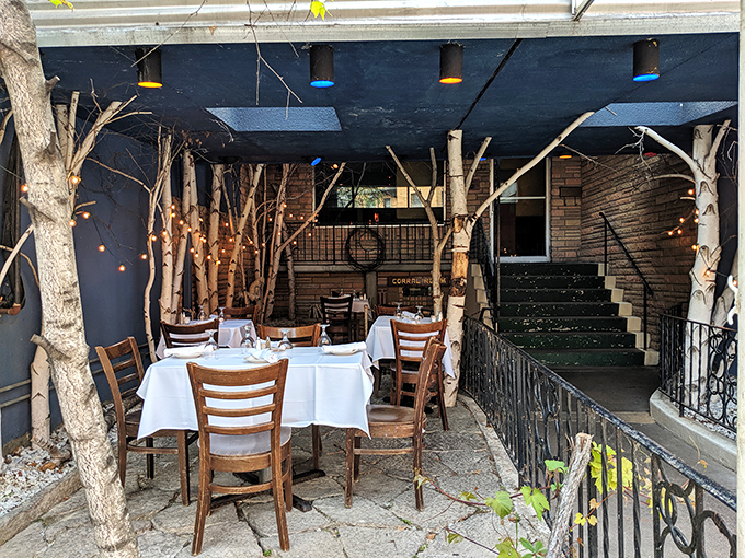 The outdoor dining area feels like dining in an enchanted forest. Birch trees, twinkling lights, and white tablecloths create a magical woodland supper club experience.