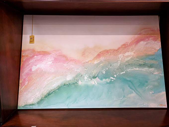 Abstract coastal artwork that captures Florida's shoreline in dreamy pinks and teals—like the ocean and sunset had a beautiful watercolor baby.