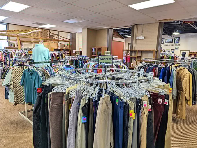 The men's department features an impressive array of pants for every occasion, from "meeting the in-laws" to "backyard barbecue hero."