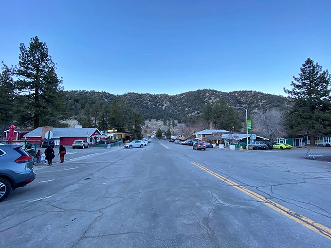 Wrightwood's main street invites leisurely strolls between shops, restaurants, and conversations with friendly locals.
