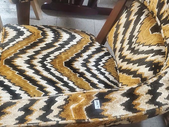 This bold patterned chair screams "1970s rec room chic" and would be perfect for your next Zoom background power move.