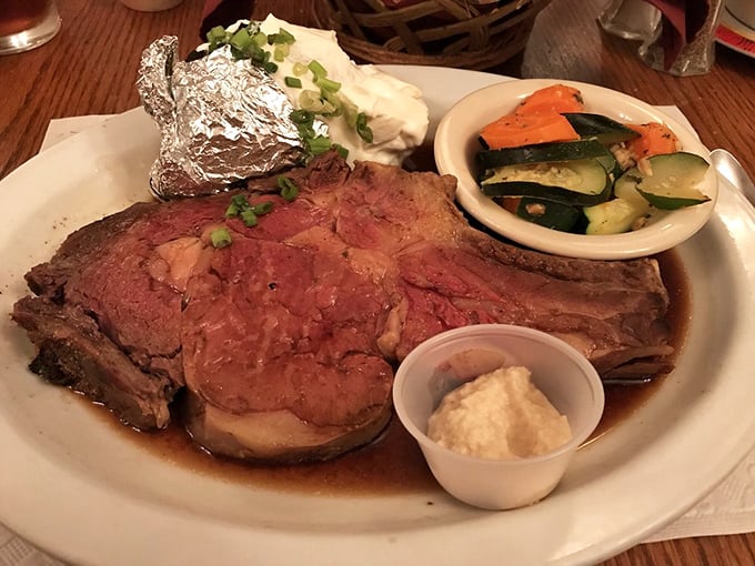Prime rib so perfectly cooked it makes you wonder why you ever ordered anything else. The horseradish sauce clears sinuses and enlightens souls.