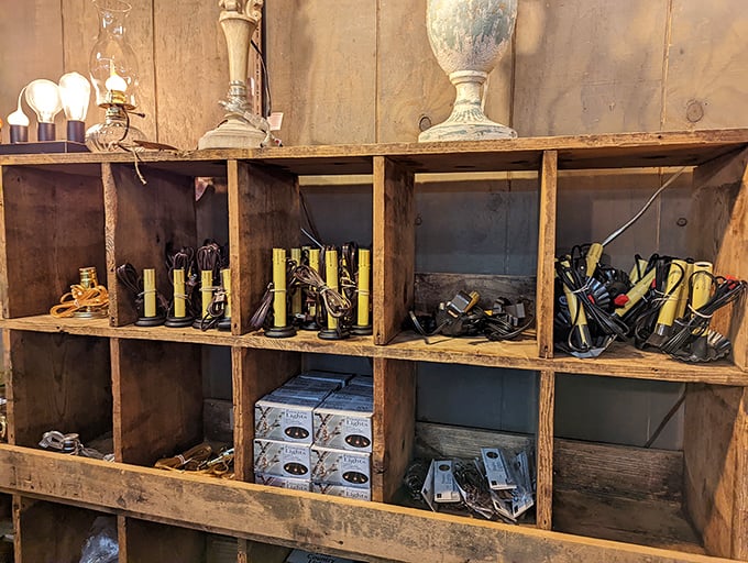Primitive lighting solutions housed in rustic wooden cubbies—electricity with a nod to simpler times.