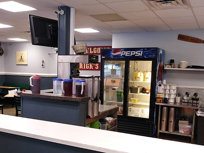 The drink station stands ready for service – those tea dispensers holding the sweet elixir that fuels many a Southern conversation.