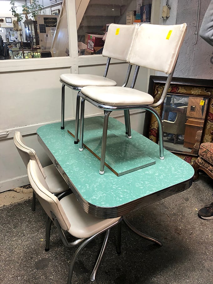 That mint-green Formica table with matching chairs isn't just furniture – it's a 1950s kitchen conversation waiting to happen again.