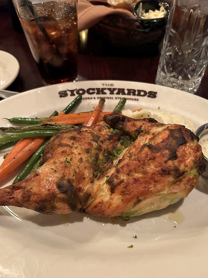 This roasted chicken proves The Stockyards isn't just about beef – it's a golden-skinned masterpiece that makes you question your lifelong steak allegiance.