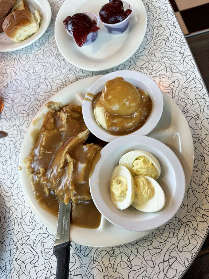 Turkey dinner that doesn't wait for Thanksgiving. Gravy-smothered goodness with all the fixings makes any day feel like a holiday.