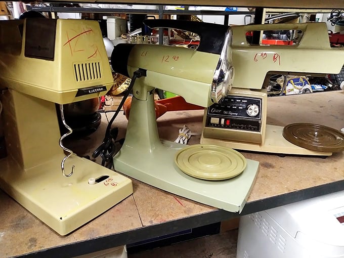 Retro mixers in harvest gold—when appliances weren't afraid of color! These sturdy machines have whipped more batters than a professional bakery.