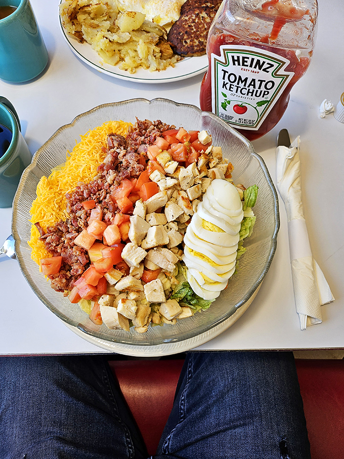 A Cobb salad arranged with military precision—each ingredient standing at attention, waiting for the honor of being devoured first.