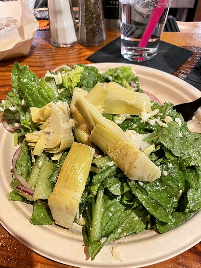 A St. Louis salad with artichoke hearts brings a touch of green to the table. It's practically health food compared to everything else!