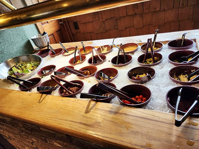 The salad bar's colorful array of toppings and dressings stands ready to complement your seafood feast—or provide refuge for the seafood-averse.