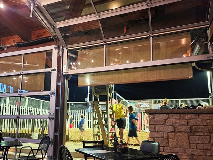 When the weather's warm, garage doors roll up to reveal the volleyball courts—because the only thing better than a burger is a burger with entertainment.