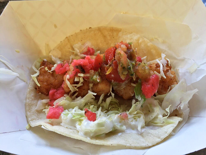 This taco doesn't need a filter—the vibrant reds of fresh salsa against crispy golden fish and white cabbage is nature's perfect color palette.