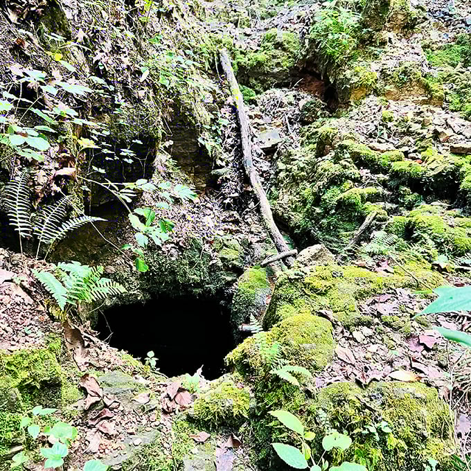 A perfect circle of darkness nestled in the forest floor, this sinkhole entrance looks like Mother Nature's version of a hobbit hole.