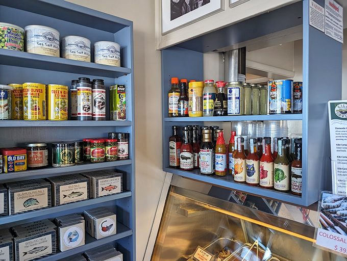 A pantry of possibility—these shelves of sauces and seasonings hint at the care that goes into every dish beyond mere frying.
