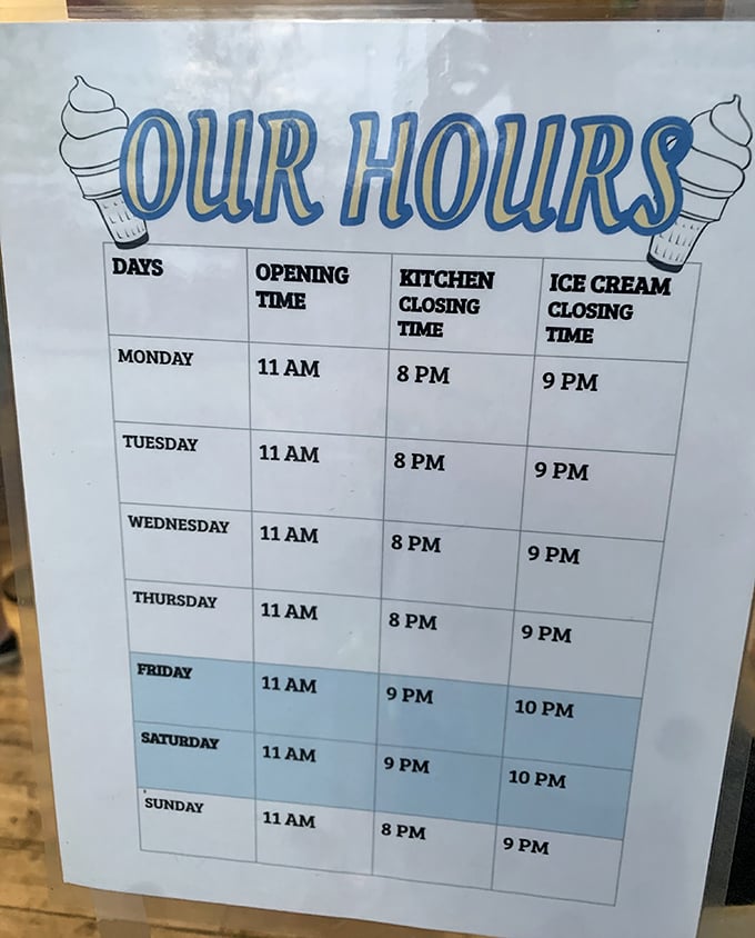 Hours thoughtfully designed to serve vacationers on island time—kitchen closes when the sun sets, but ice cream waits for no one.