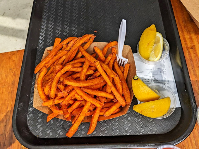 Sweet potato fries – the unsung heroes of any seafood feast, bringing their caramelized sweetness to balance the ocean's briny treasures.