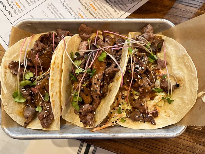 Tacos that demand to be photographed before being devoured. The microgreens aren't just garnish—they're the jewelry that completes this culinary outfit.