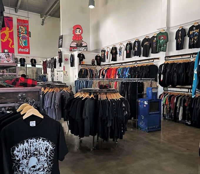 Band shirts and graphic tees line the walls like a wearable timeline of music history, from classic rock to metal.