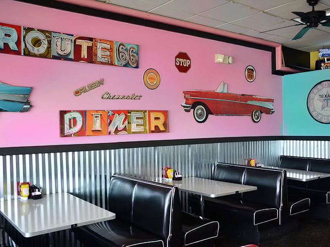 Route 66 memorabilia and classic car decor—because nothing complements eggs and bacon like a '57 Chevy on the wall.