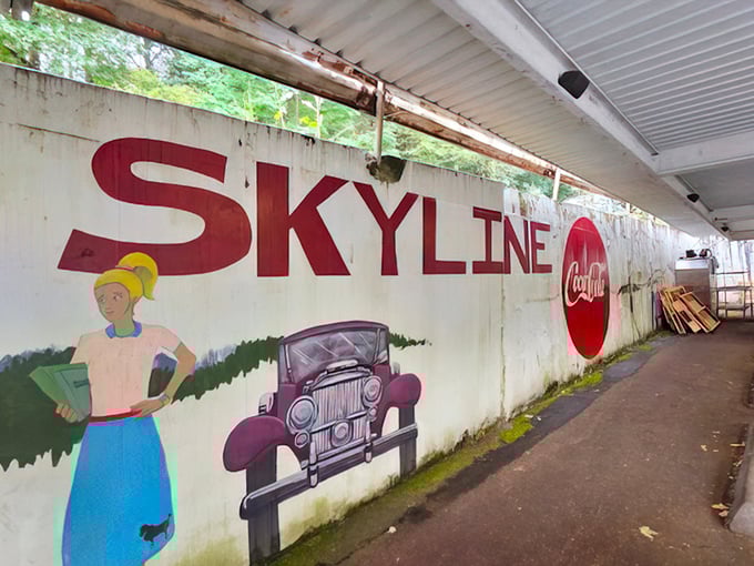 The exterior mural tells Skyline's story without saying a word—classic cars, classic cola, and classic American optimism painted right onto Portland's landscape.