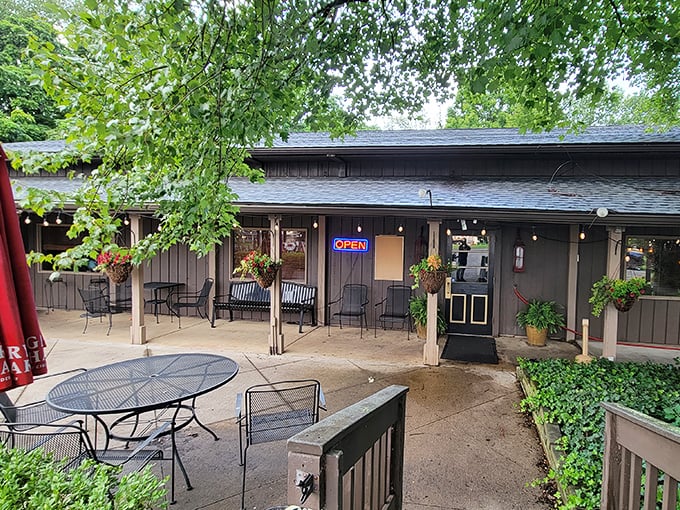 Hanging flower baskets and an inviting entrance say "come on in" without having to say a word. Midwestern hospitality at its finest.
