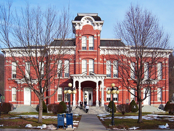 Honesdale's impressive courthouse stands tall with its red brick glory, looking like it's posing for the town's official portrait.