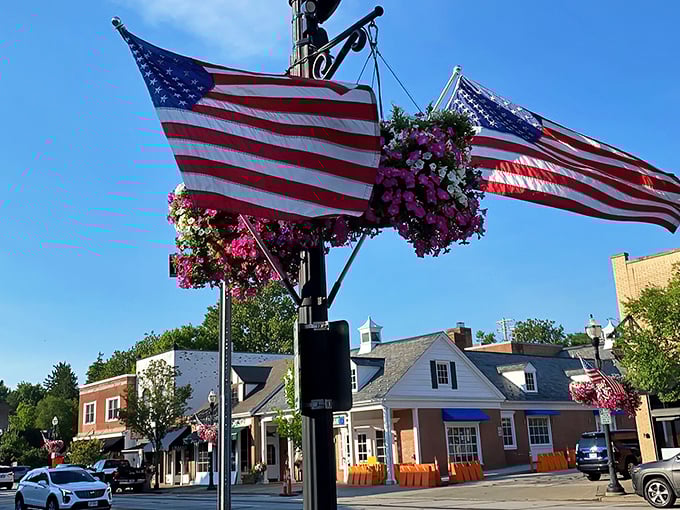 American flags and hanging flower baskets—Chagrin Falls' version of rolling out the red carpet for visitors year-round.