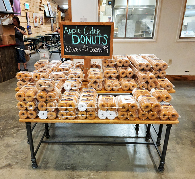 The Great Wall of Donuts presents apple cider's most noble transformation – from humble juice to circular perfection dusted with cinnamon-sugar memory dust.