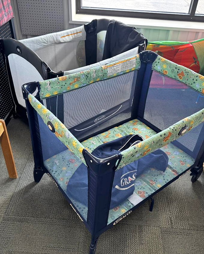 Gently used baby gear awaits new little ones, proving that infants don't actually care if their Pack 'n Play came from a box store.